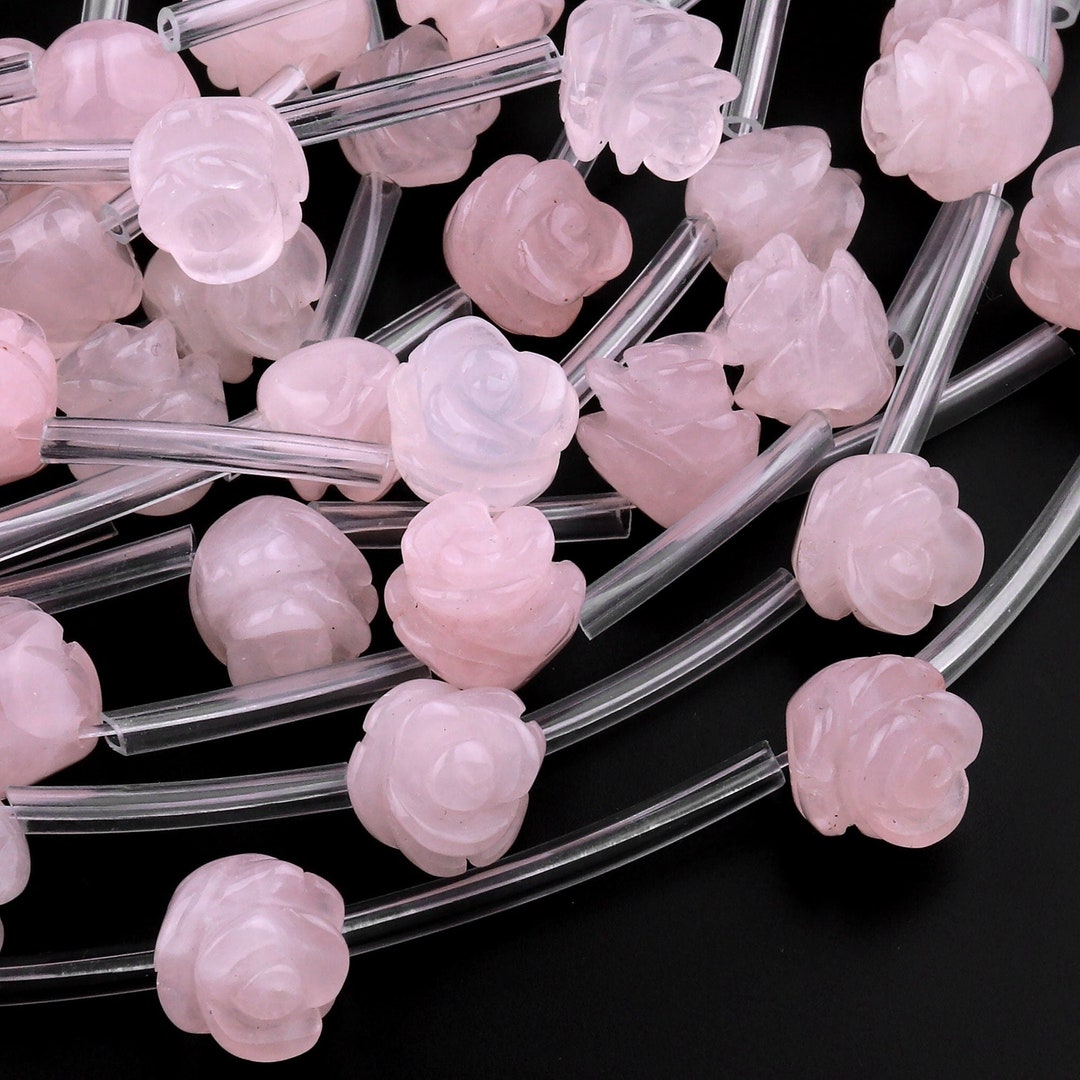 Natural Pink Rose Quartz Hand Carved Rose Flower Gemstone Beads 8mm ...