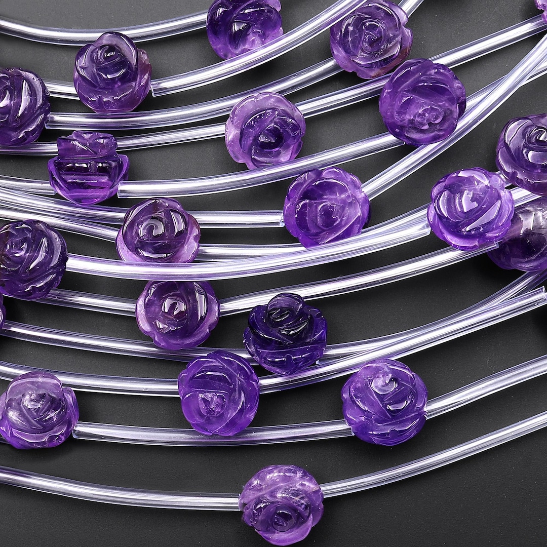 Natural Purple Amethyst Hand Carved Rose Flower Gemstone Beads 8mm 10mm ...