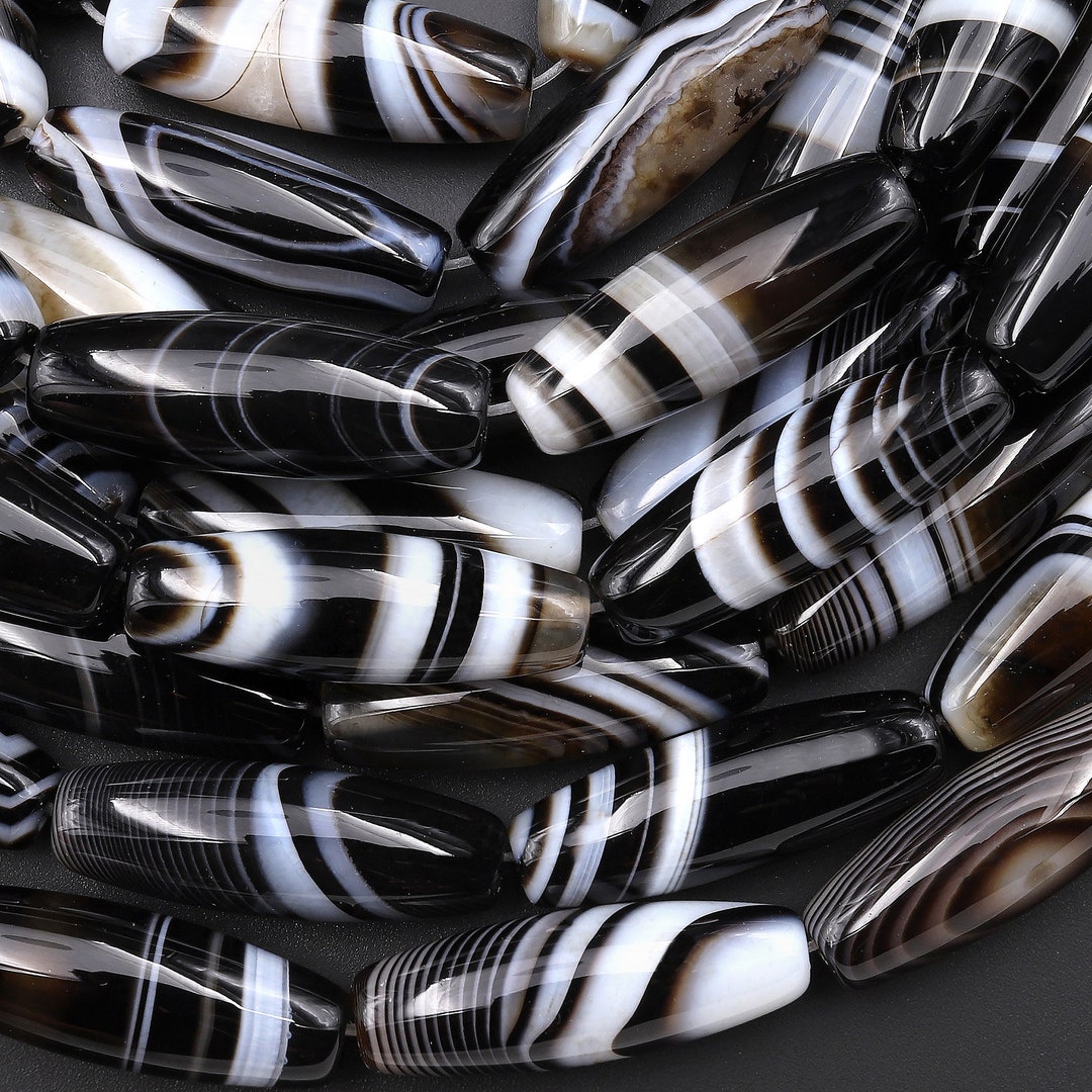 Natural Tibetan Tuxedo Agate Smooth Long Barrel Drum Cylinder 10x30mm ...