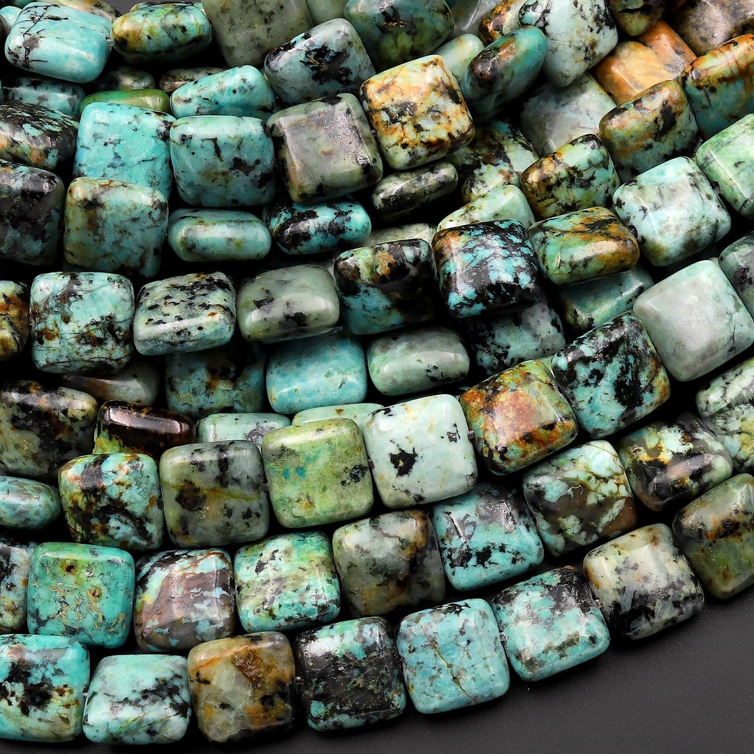 Natural African Turquoise 10mm Square Beads Vibrant Blue Green ...