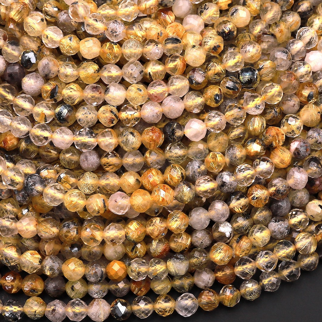 Faceted Natural Titanium Golden Rutilated Quartz 3mm 4mm Round Beads ...