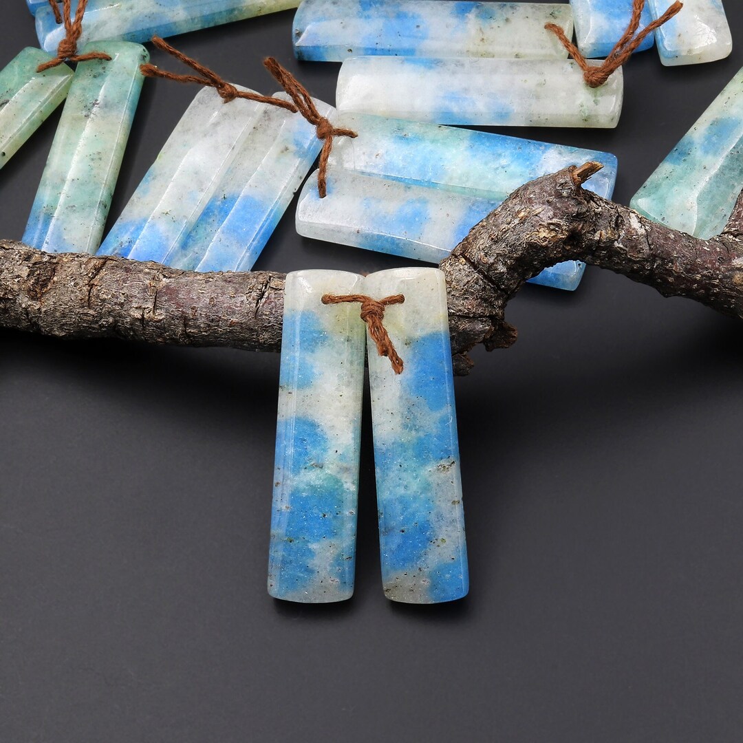 Rare Natural Blue Azurite in Calcite Rectangle Earring Pair Matched ...