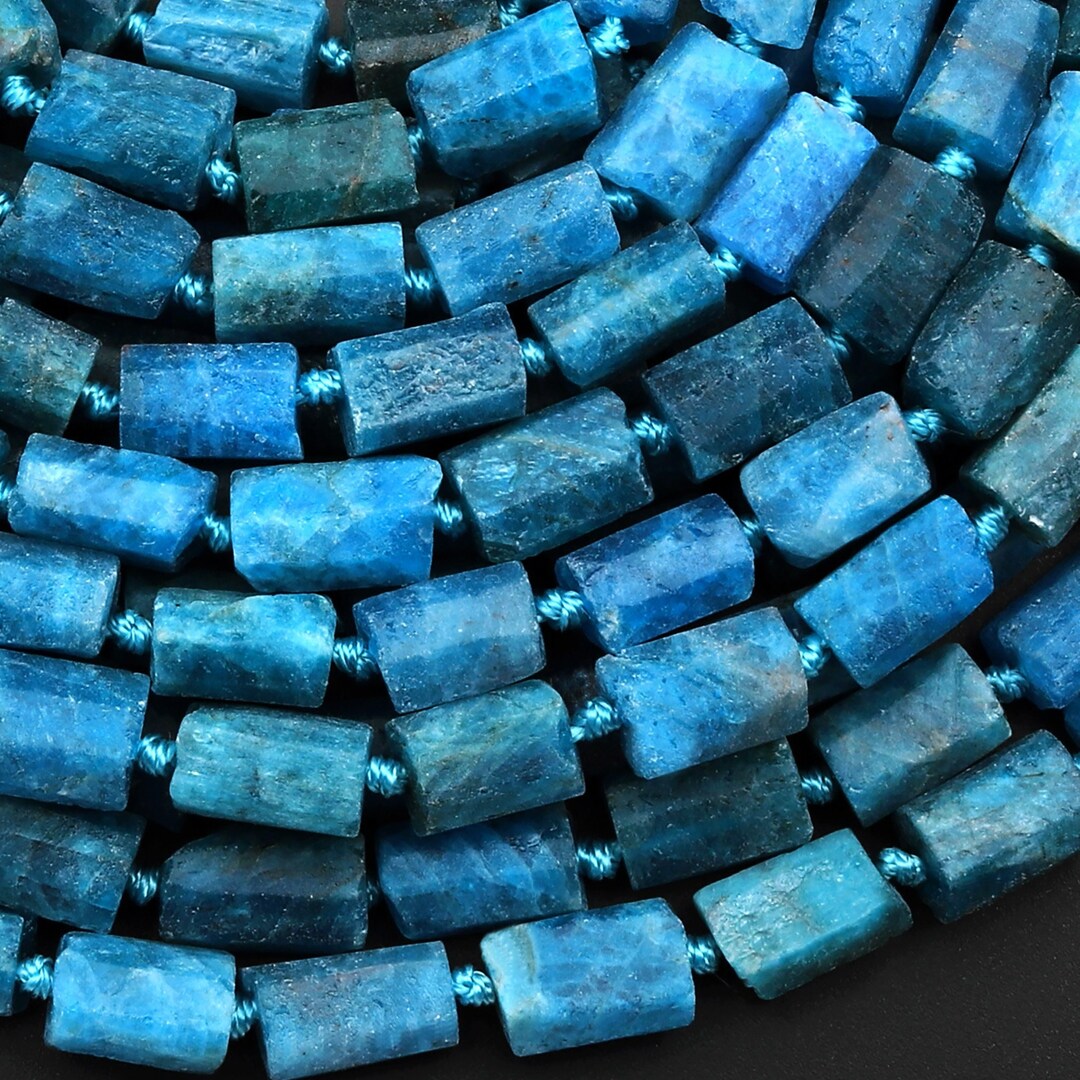 Matte Faceted Natural Blue Apatite Tube Beads Gemstone 15.5