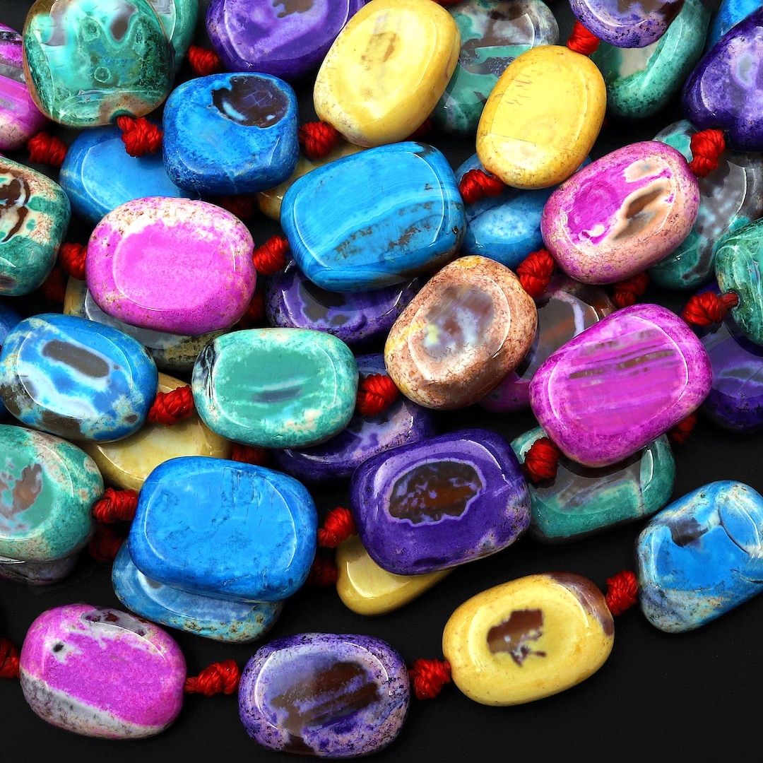 Multicolor Rainbow Agate Beads Smooth Rectangle Vibrant Pink Blue Green ...