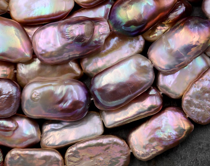 AAA Large Natural Metallic Mauve Pink Peach Biwa Rectangle Pearl 15.5 ...
