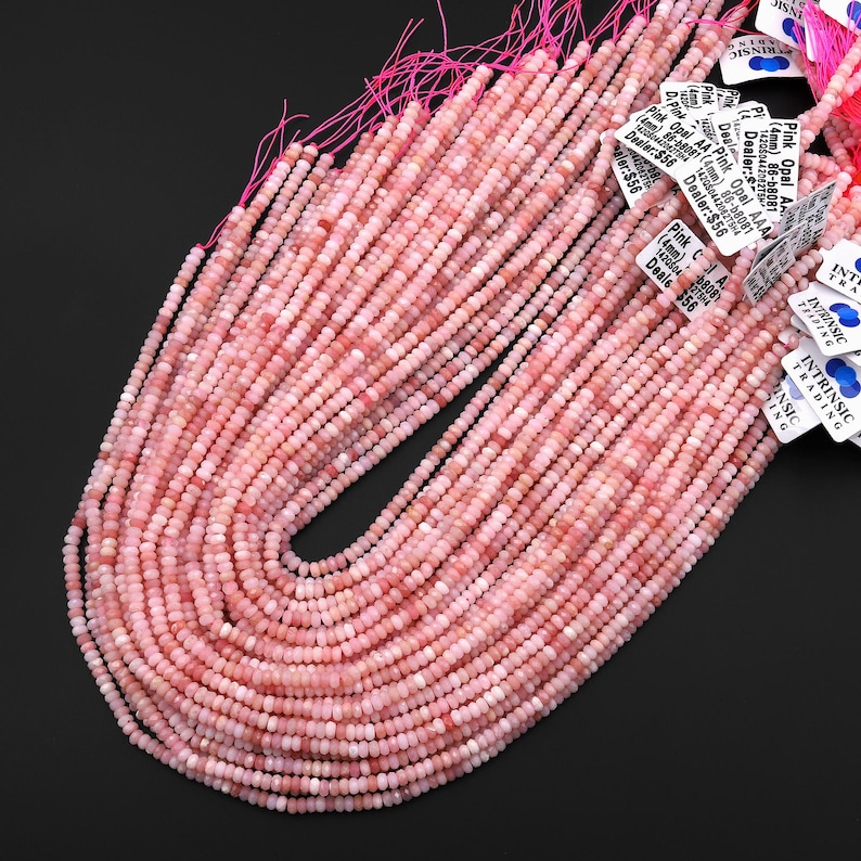 AAA Micro Faceted Natural Peruvian Pink Opal 4mm Thin Rondelle Beads ...