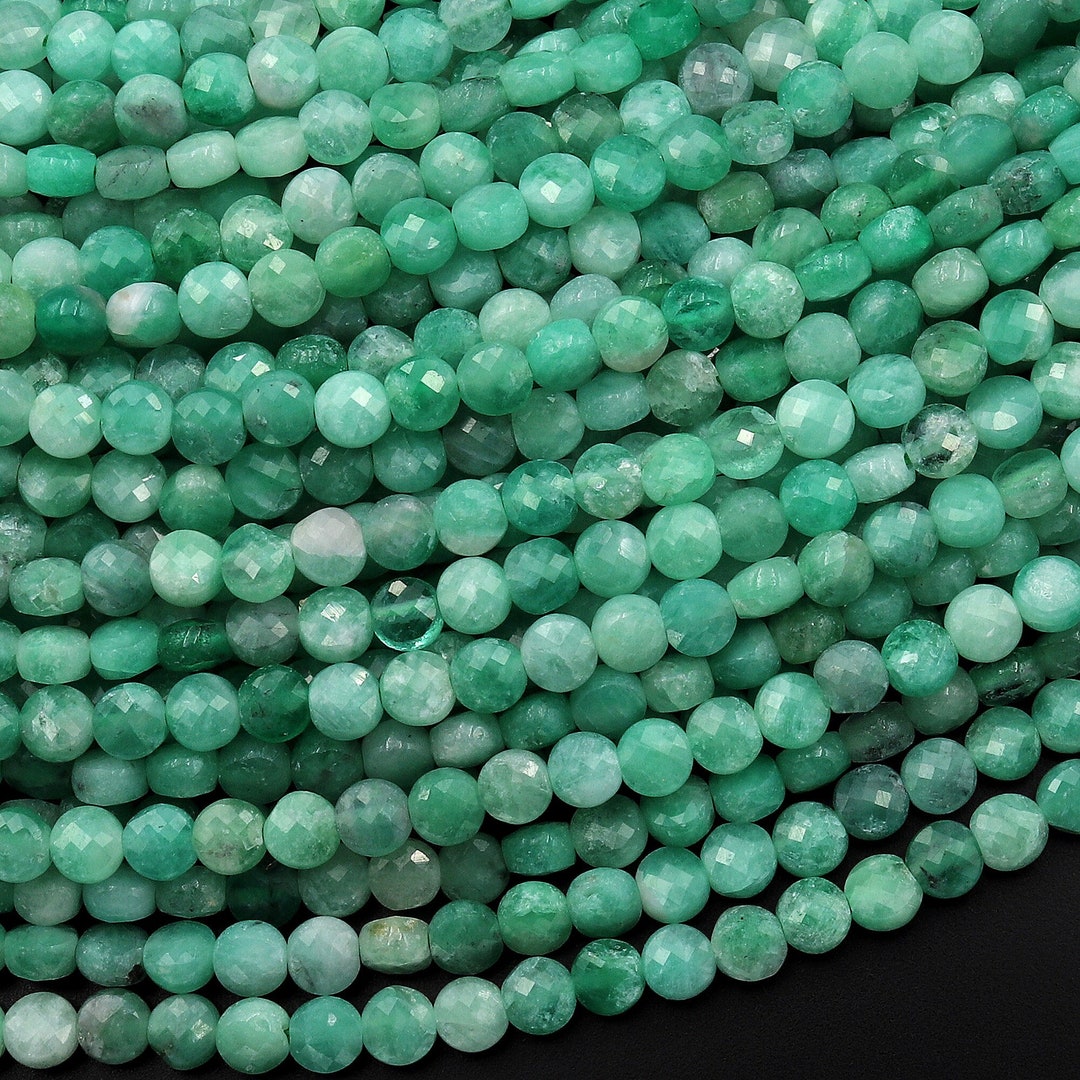 AAA Real Genuine Natural Green Emerald Gemstone Faceted 4mm Coin Beads ...