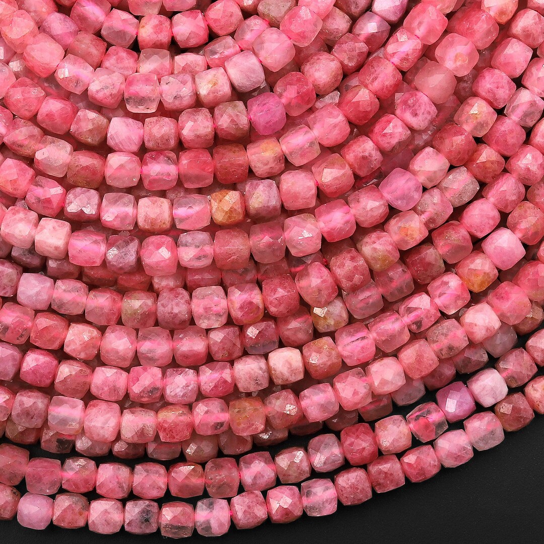 AAA Faceted Natural Pink Thulite 4mm Cube Beads Diamond Cut Gemstone ...