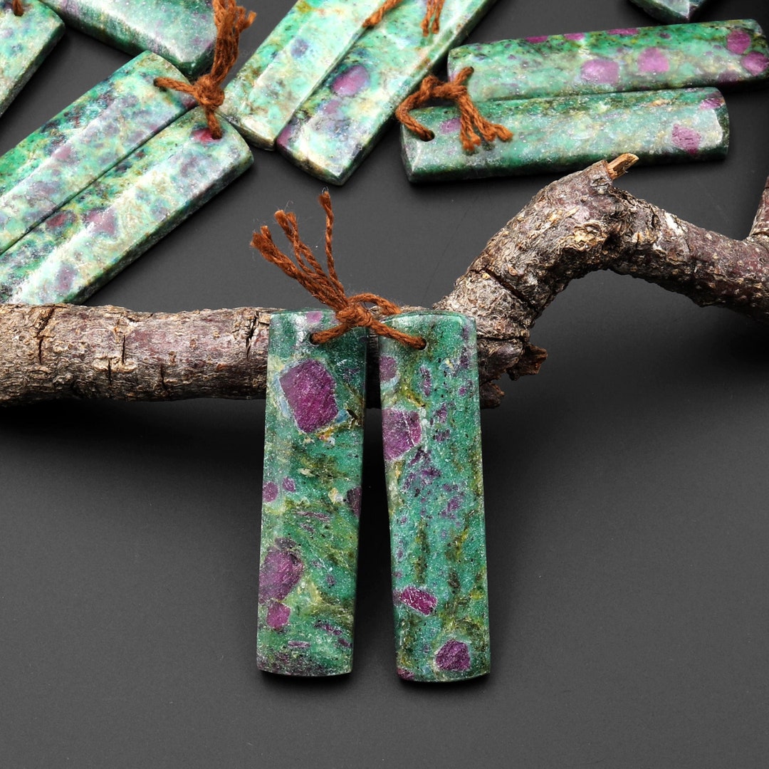 Natural Red Ruby Green Fuchsite Rectangle Earring Pair Matched Gemstone ...