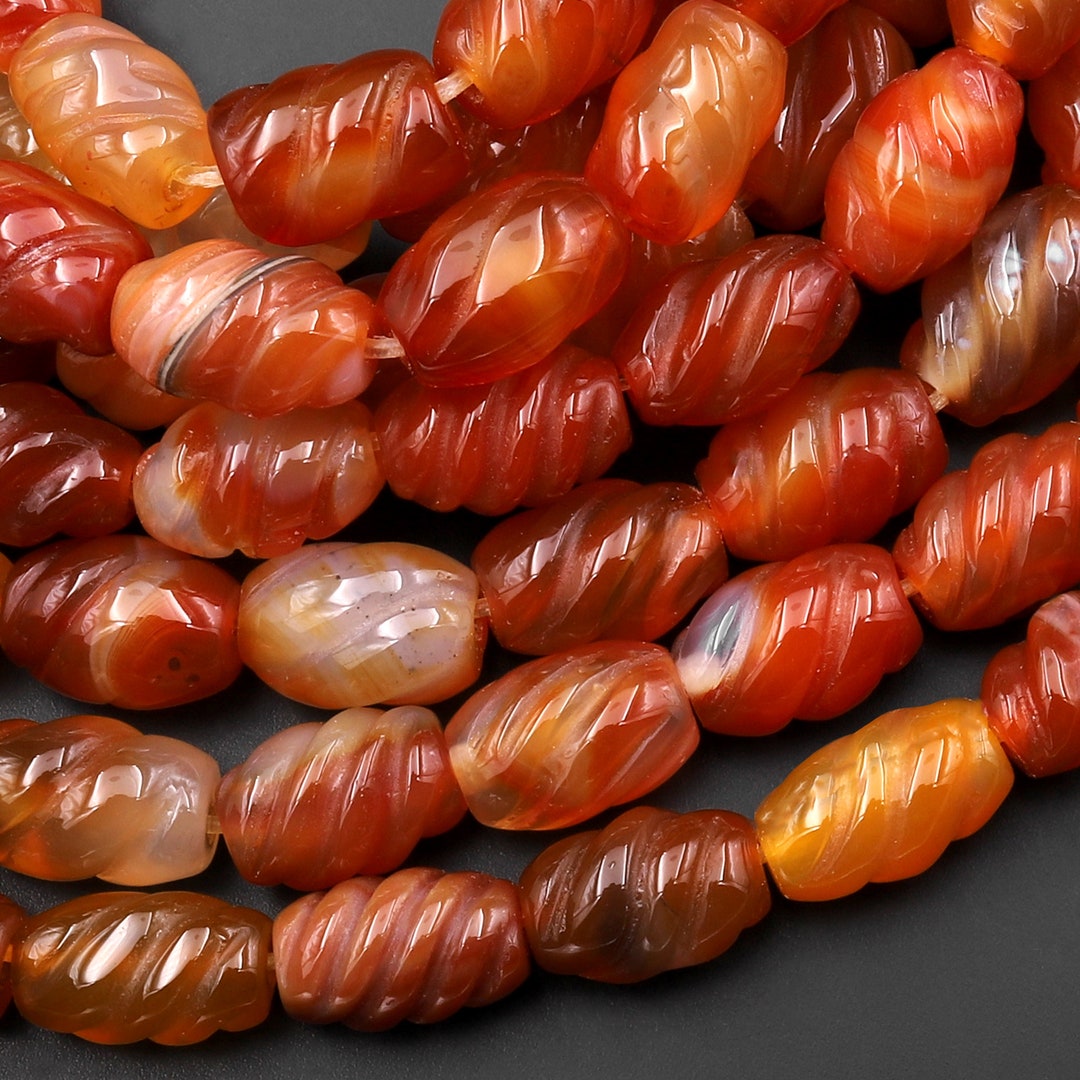 Carved Natural Orange Red Carnelian Barrel Gemstone Beads 15.5" Strand ...