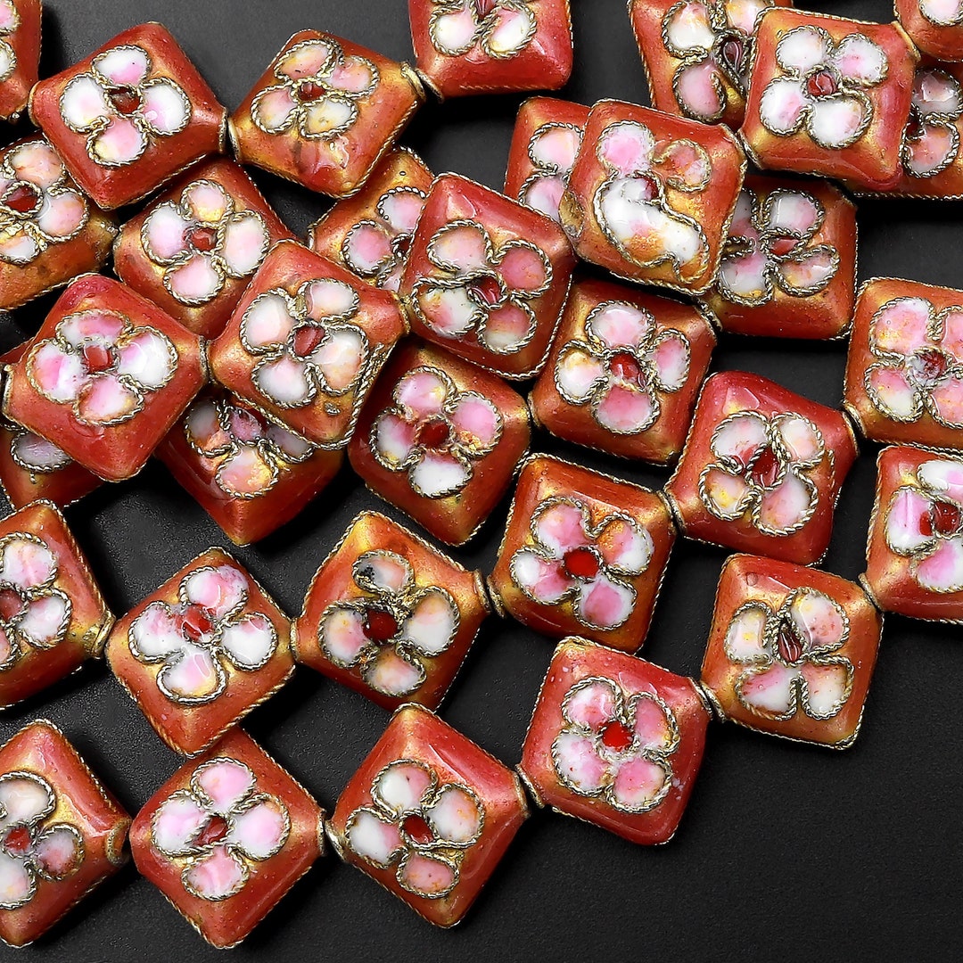 Salmon Peach Cloisonné Diamond Beads 12mm Decorative Floral Copper ...