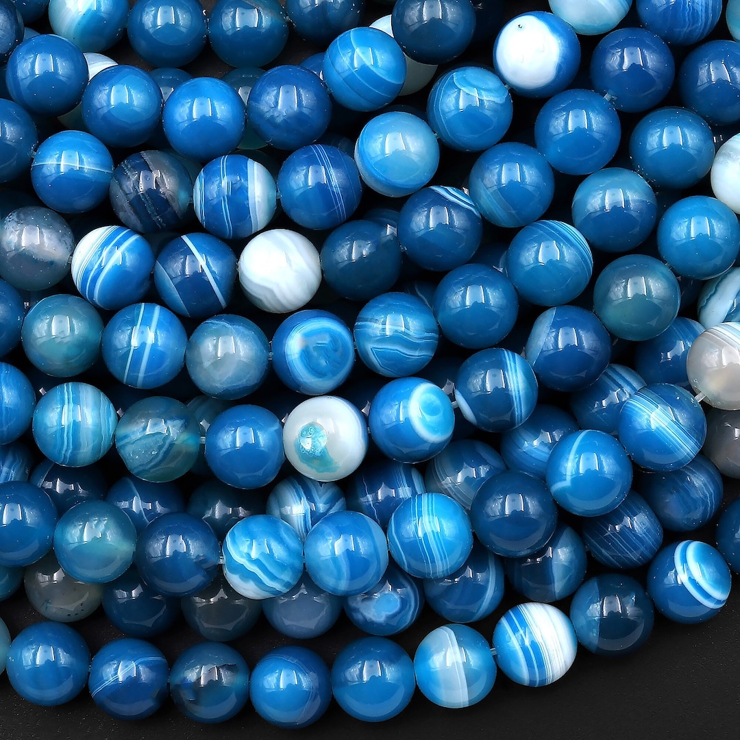 Blue Striped Agate 6mm 8mm Smooth Round Beads Amazing Veins Bands 15 ...