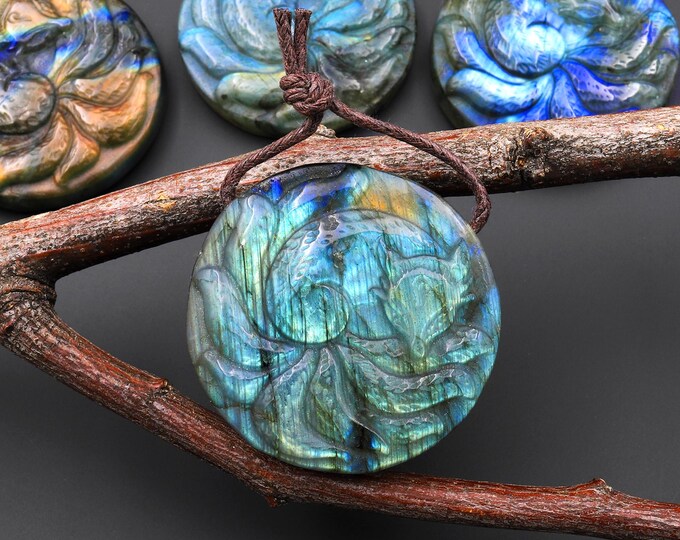 AAA Hand Carved Mystical Nine-tailed Fox Natural Golden Blue ...