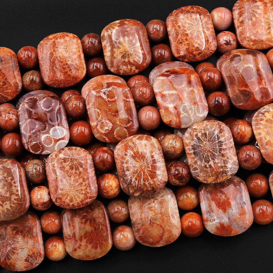 Double Drilled Natural Red Fossil Coral 20x15mm Rectangle Bracelet ...