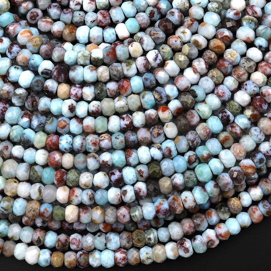Faceted Natural Blue Larimar W/ Red Iron Matrix 4mm Beads Rondelle ...