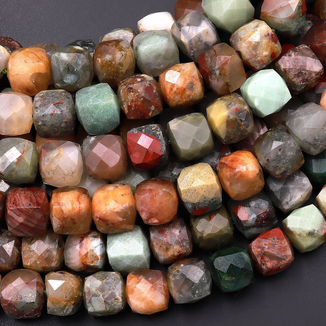 Natural African Bloodstone 8mm Beads Faceted Gemstone Cube Square Dice ...