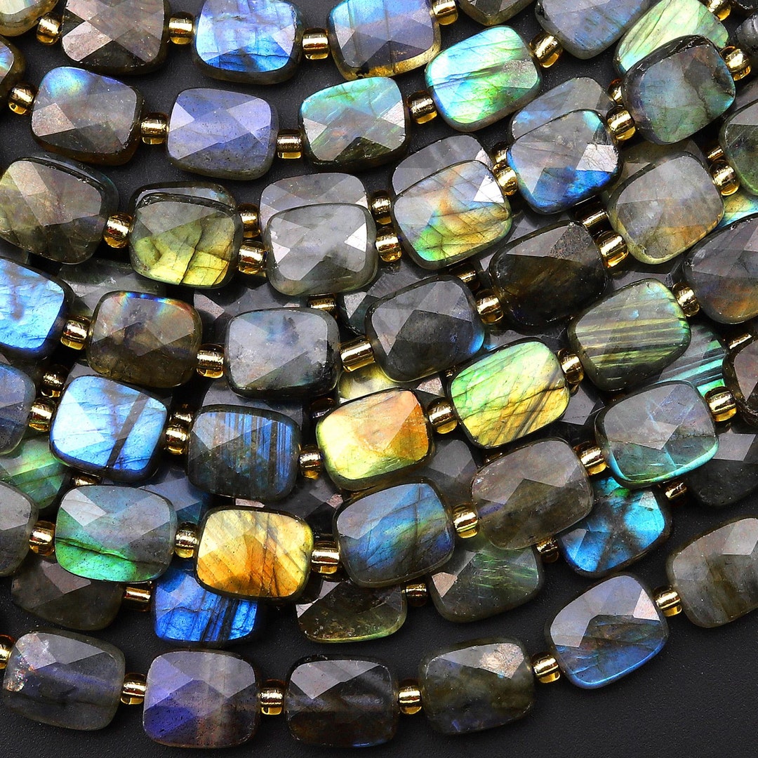 Faceted Natural Labradorite Rectangle Cushion Beads 10x8mm Brilliant ...