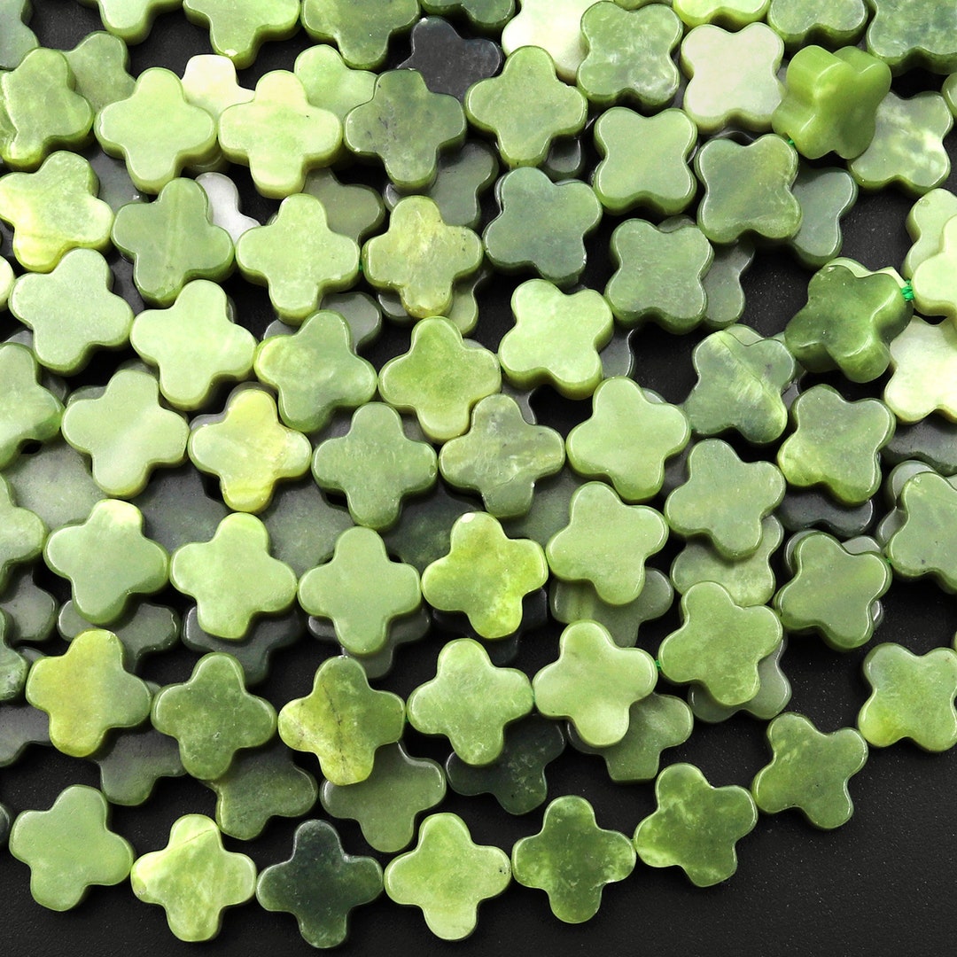 4 Four Leaf Clover Beads Natural Olive Jade 8mm Hand Carved Flower ...