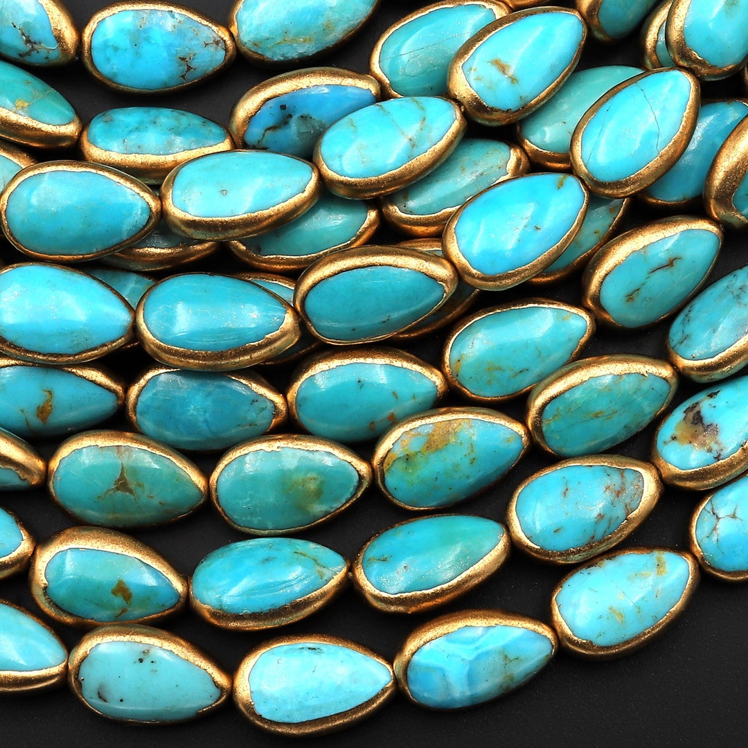 Genuine Natural Blue Turquoise Gold Copper Edging Teardrop Beads Choose ...