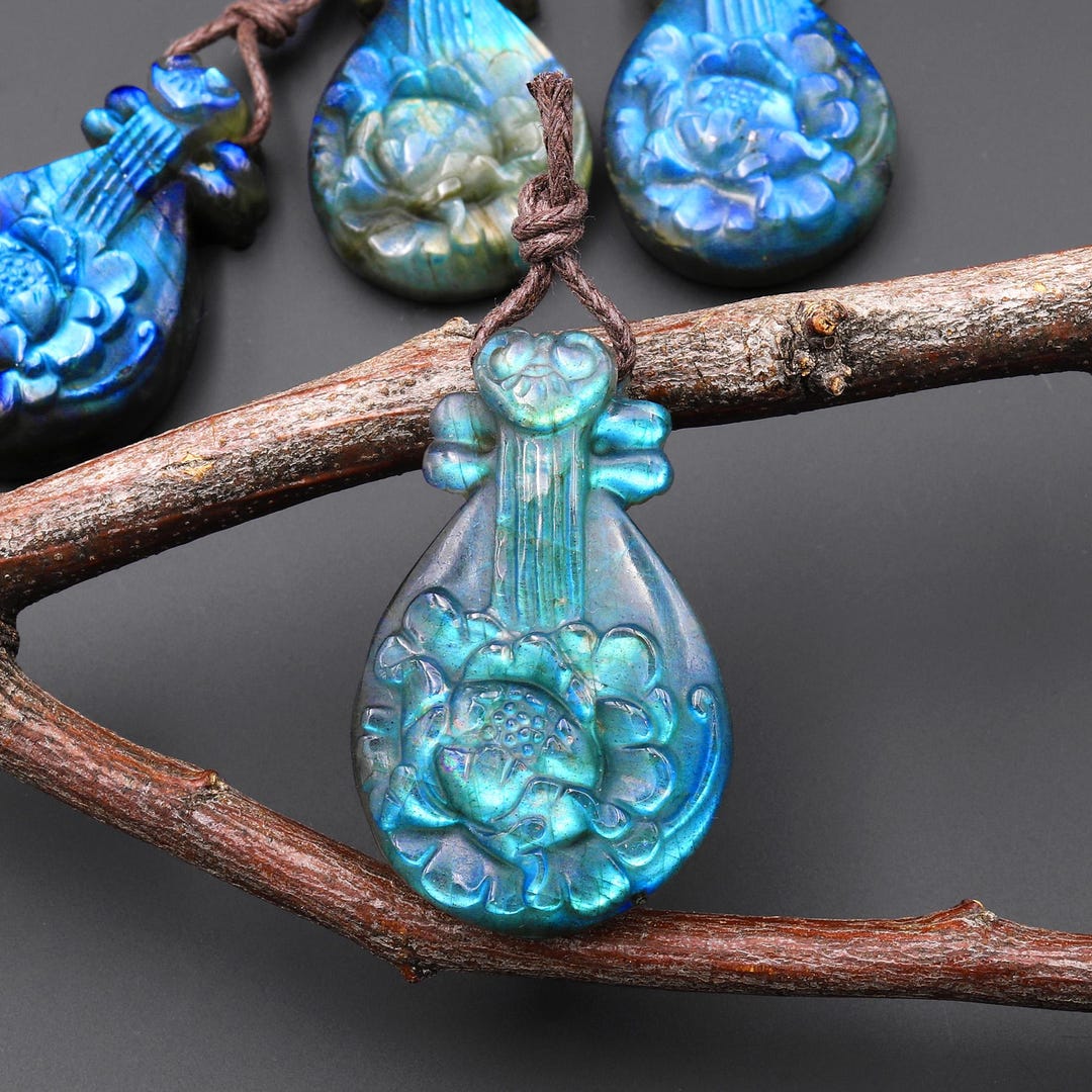 AAA Hand Carved Natural Chinese Lute Pipa W Peony Rose Flower Pendant ...