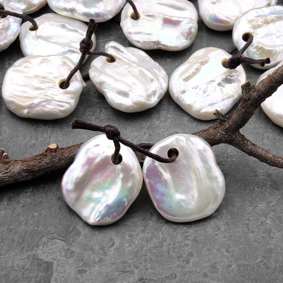 Large Natural White Freeform Rounded Square Coin Pearl Earrings Drilled ...