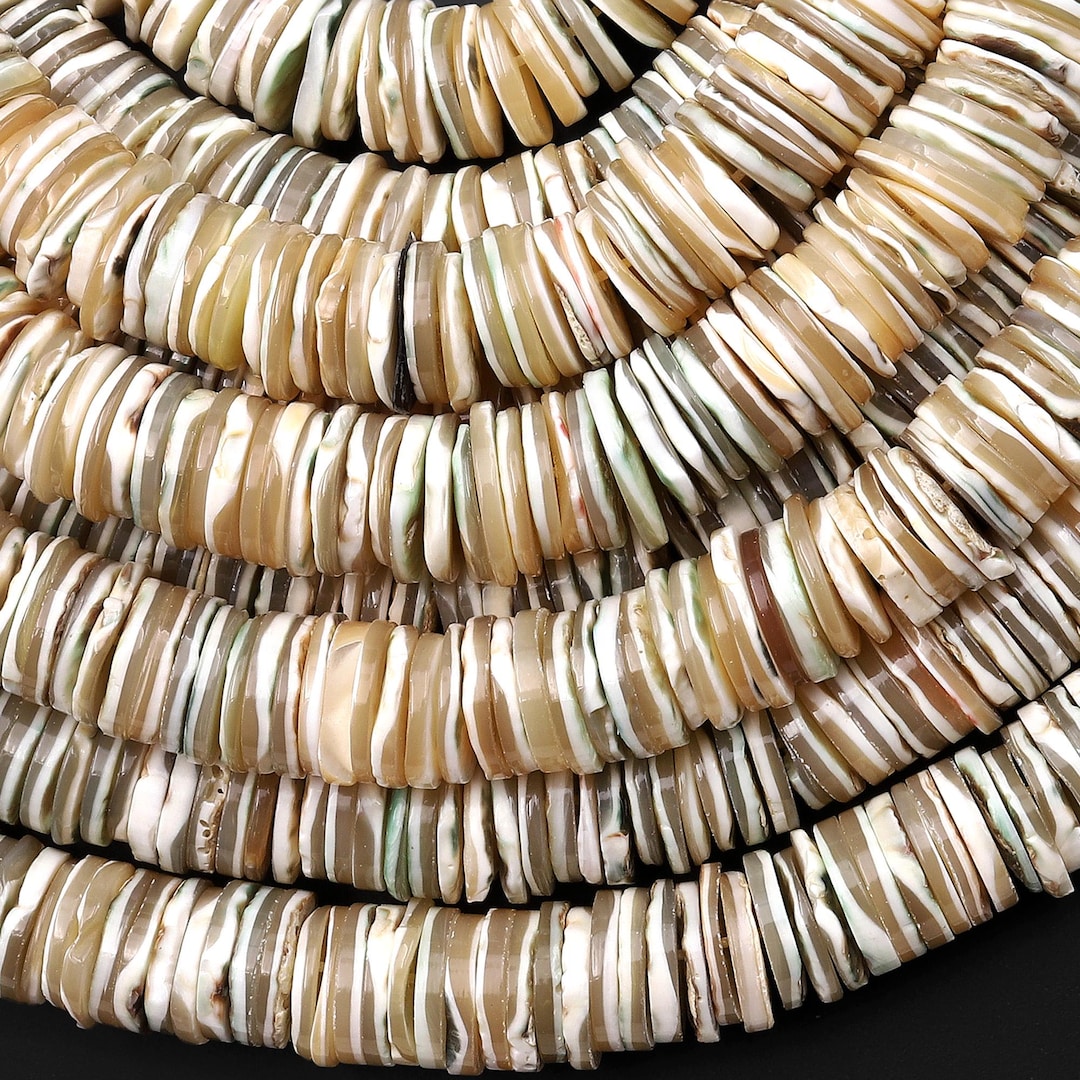 Natural Brown Green Mother of Pearl 9mm 10mm Thin Heishi Rondelle Beads ...