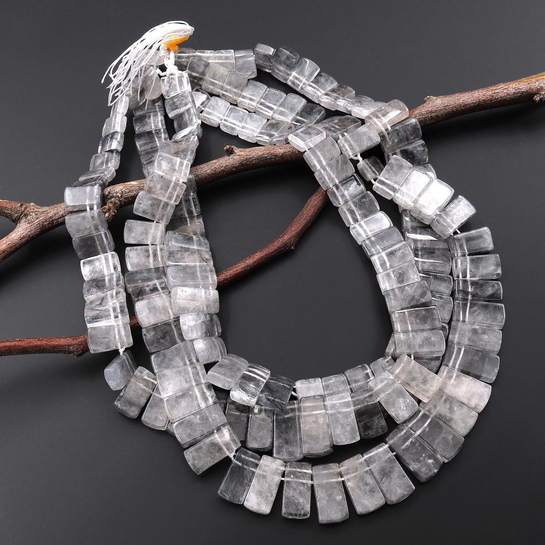 Hand Cut Graduated Natural Stormy Grey Cloudy Quartz Tile Beads 12mm ...