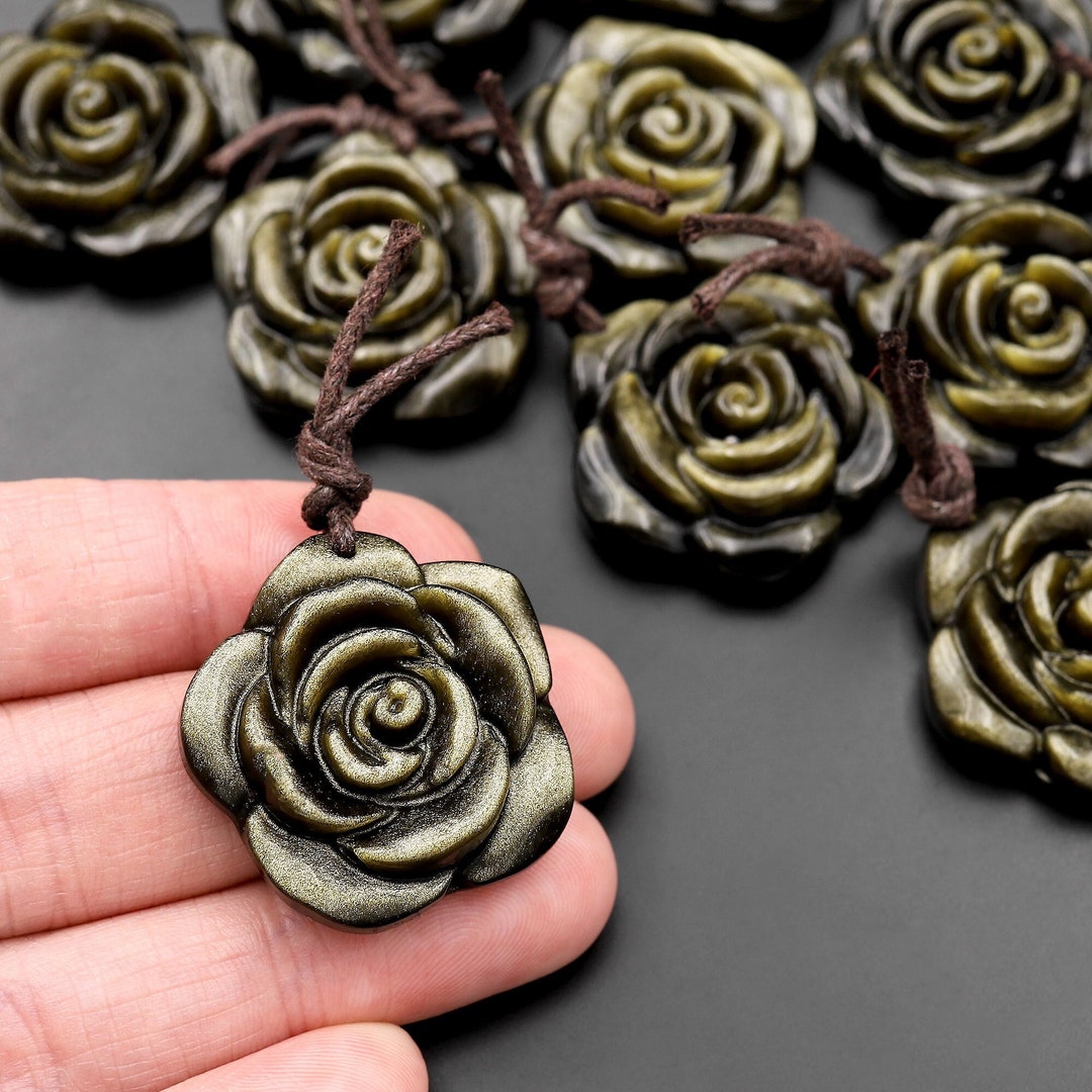 AAA Hand Carved Natural Golden Obsidian Rose Flower Pendant Gemstone ...