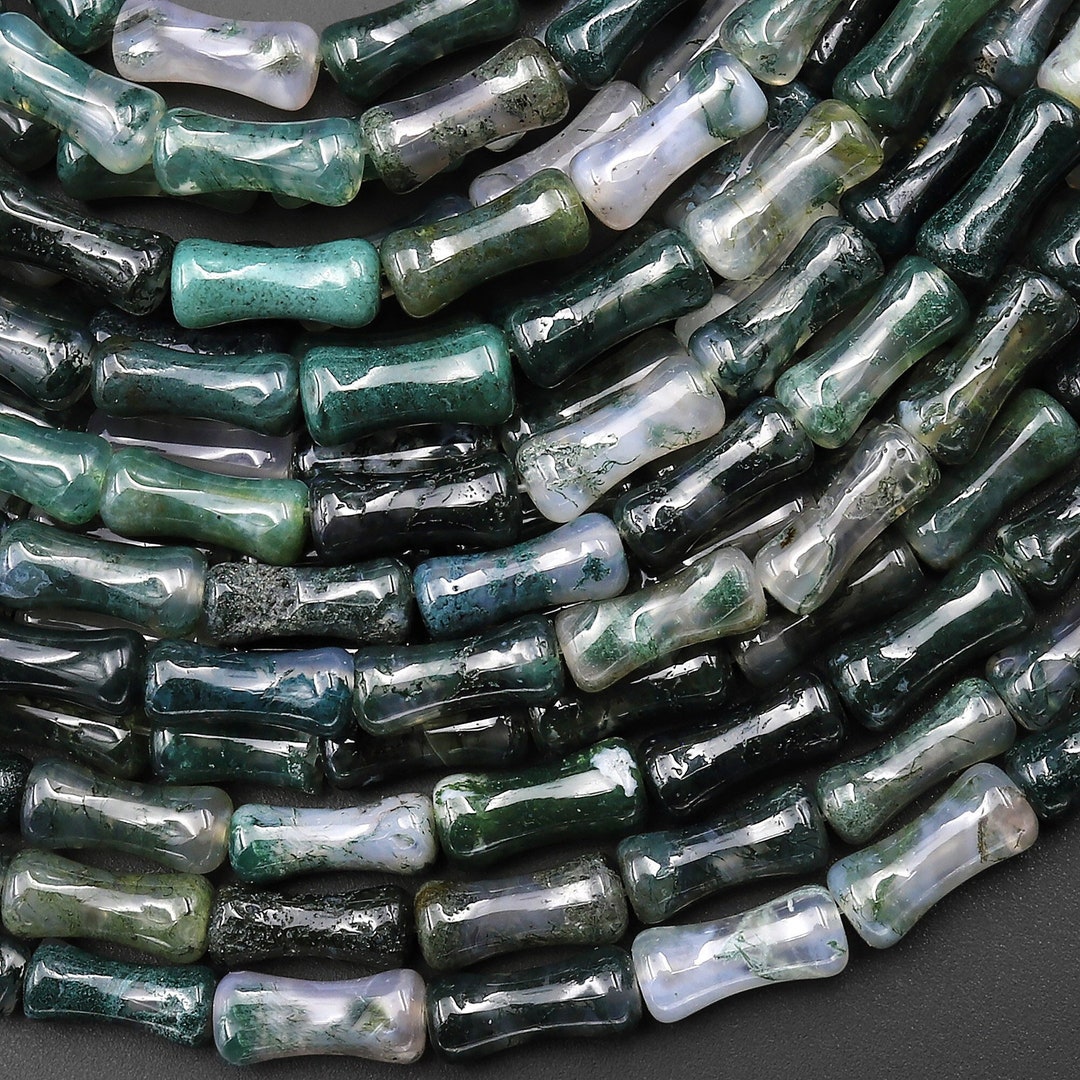 Natural Green Moss Agate Tube Cylinder Carved Bamboo Stem Shape 15.5 ...