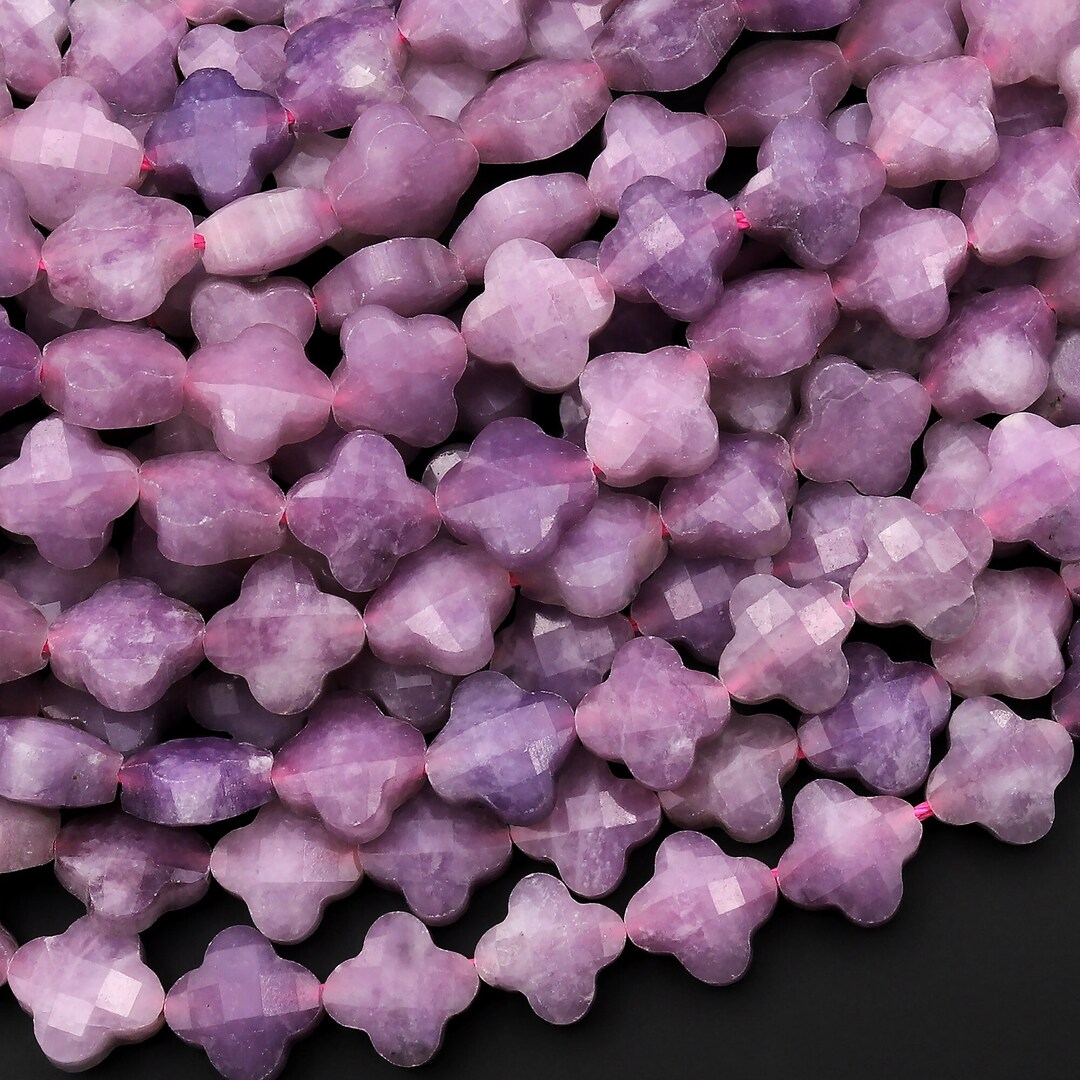 4 Four Leaf Clover Beads Natural Lilac Pink Purple Lepidolite Carved ...