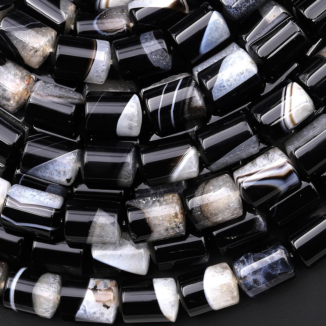 Natural Black Tuxedo Agate Smooth Tube Cylinder Beads W/ White Quartz ...