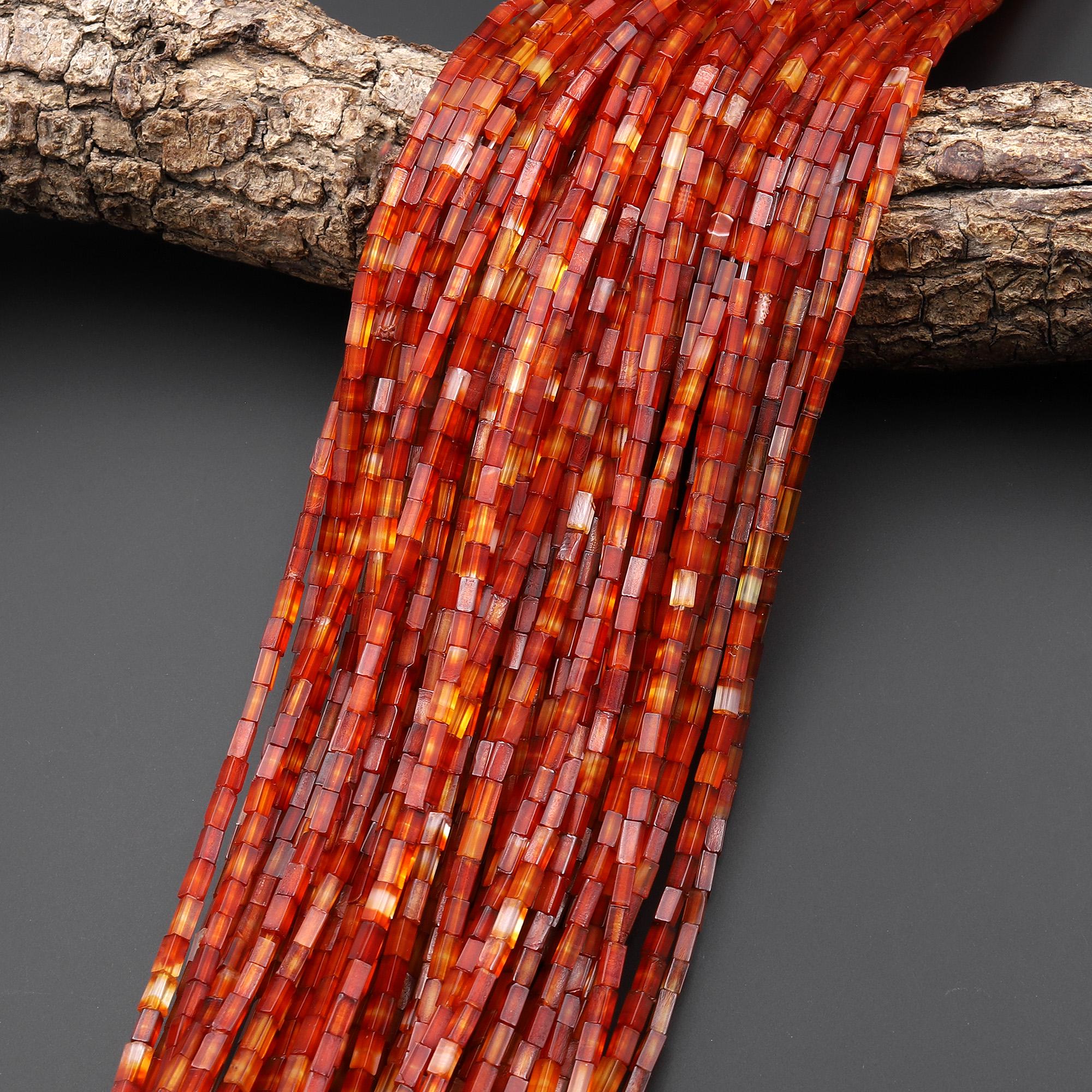 Small Natural Carnelian 4x2mm Thin Rectangle Tube Beads 15.5