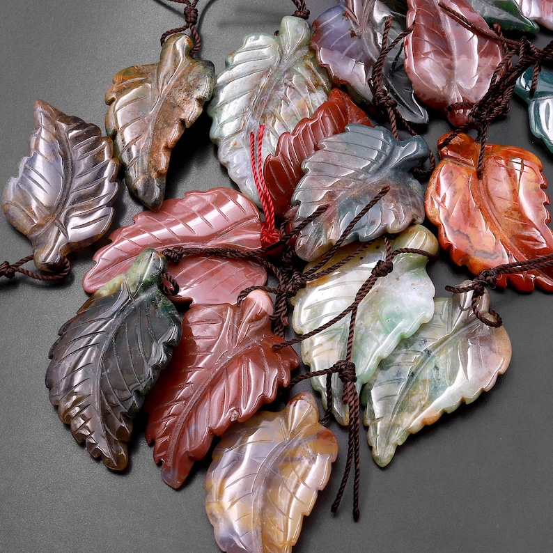 Hand Carved Natural Indian Agate Leaf Pendant Bead Drilled Gemstone - Etsy