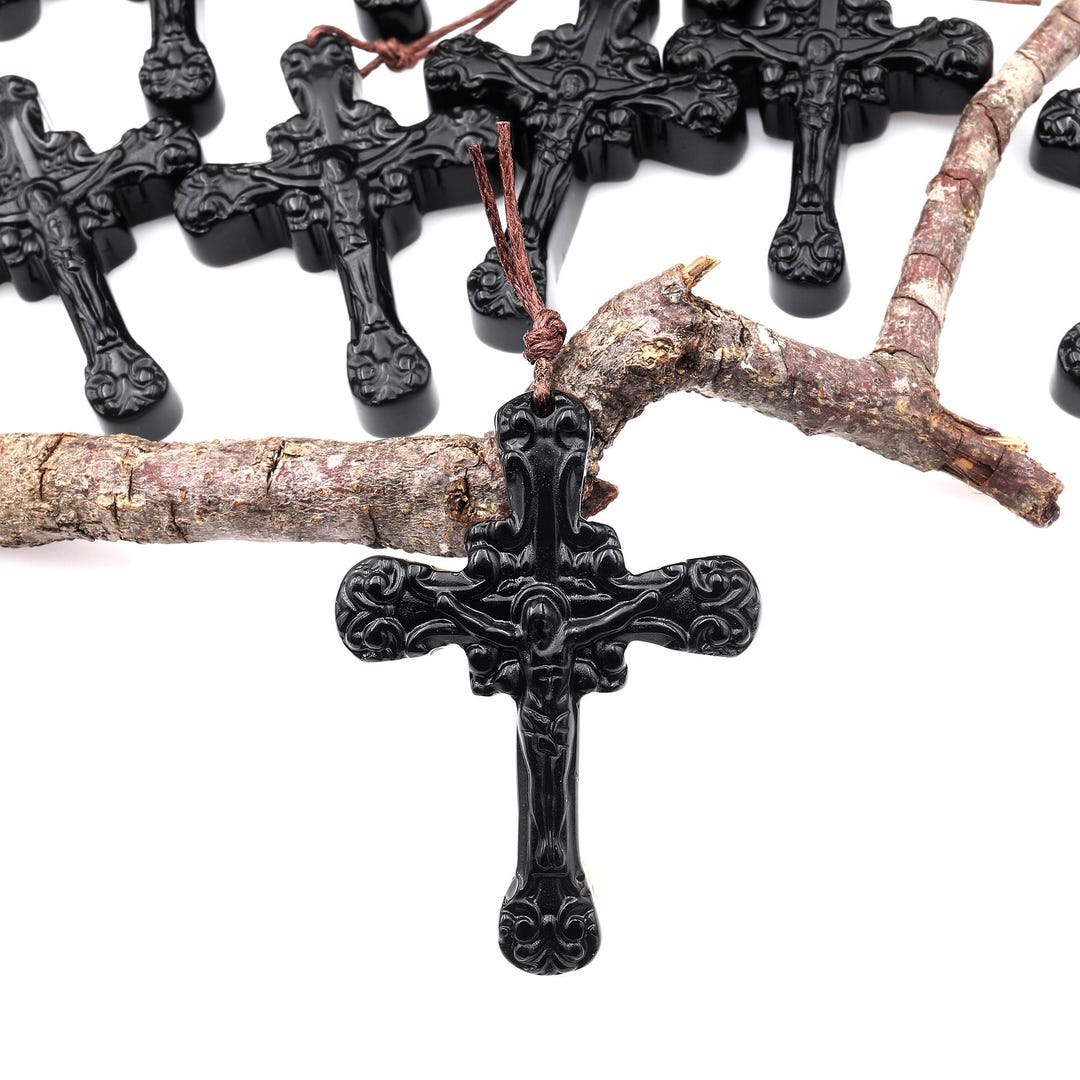 AAA Hand Carved Natural Black Obsidian Ornate Cross Pendant Gemstone ...