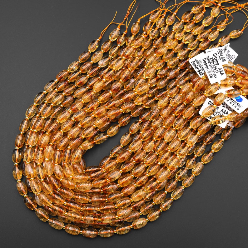 Natural Golden Citrine Smooth Drum Barrel Rice Beads 15.5