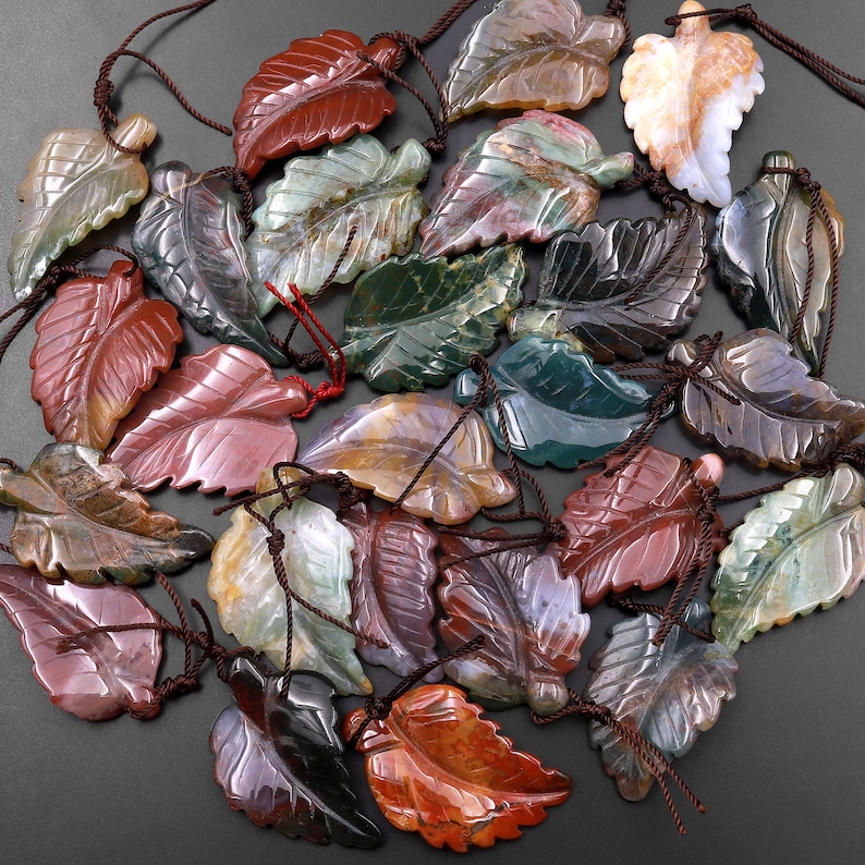 Hand Carved Natural Indian Agate Leaf Pendant Bead Drilled Gemstone - Etsy