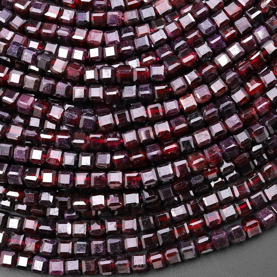 Natural Red Garnet 3mm 4mm Faceted Cube Square Dice Beads 15.5" Strand ...