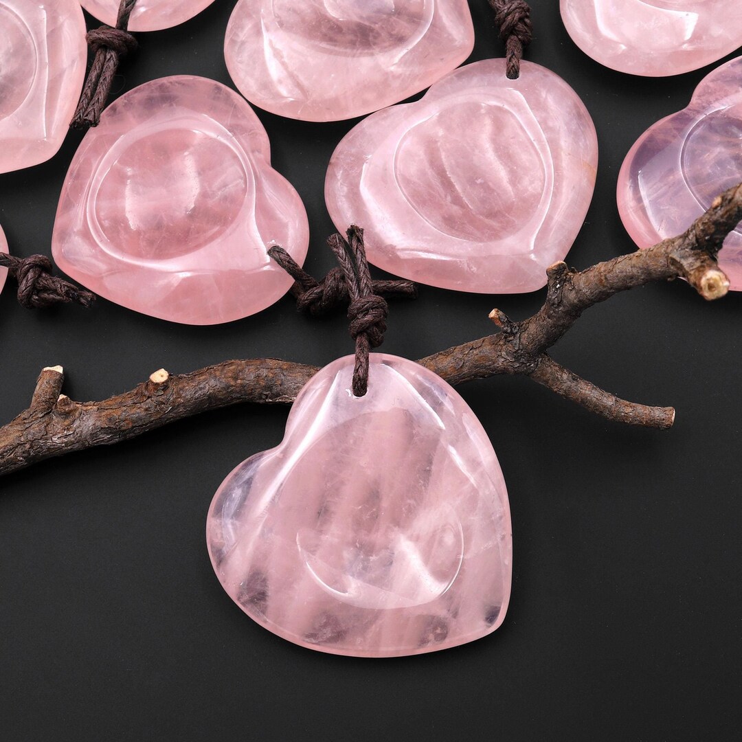 AAA Natural Pink Rose Quartz Indented Heart Pendant Focal Worry Stone ...