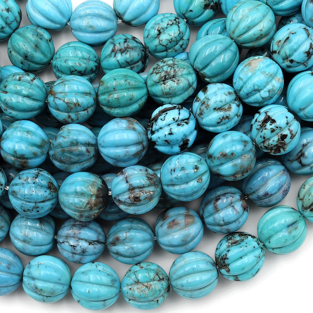 Hand Carved Real Genuine Natural Blue Turquoise 3D Melone 8mm Beads ...