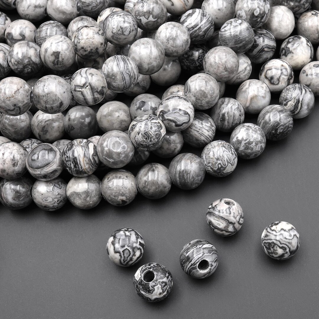 AAA Large Hole Beads 2.5mm 3mm Drill Natural Gray Map Jasper 6mm 8mm ...