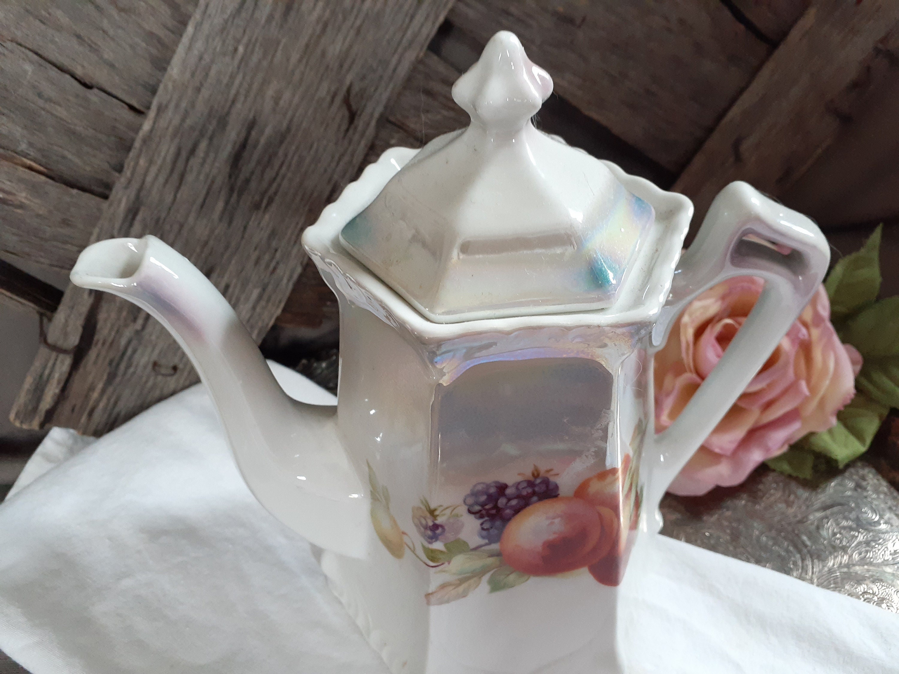 Vintage German Lusterware Teapot with Fruits Iridescent | Etsy