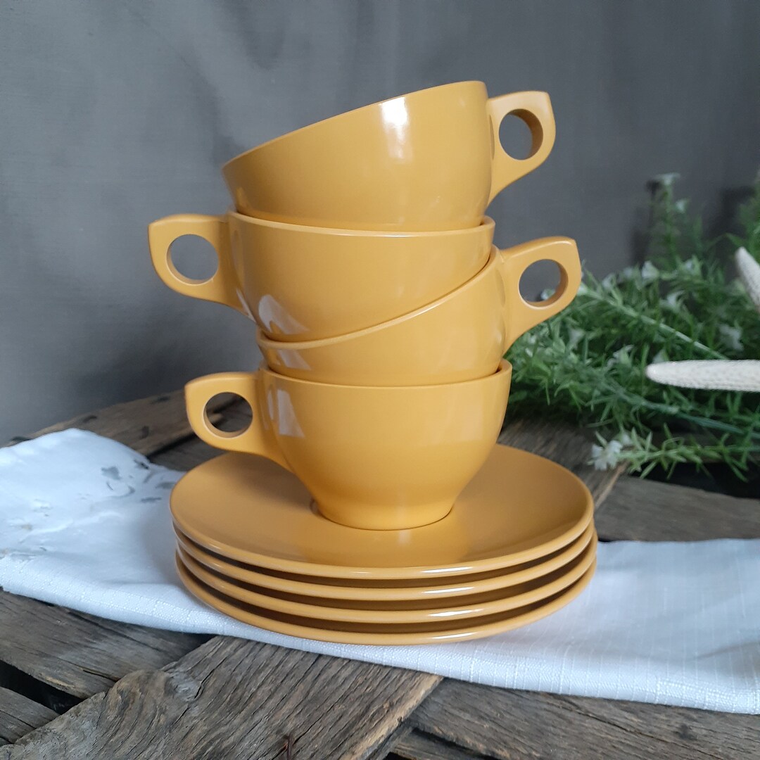 Boonton Melamine Cups & Saucers - Set of 4 in Dark Harvest Gold - Vintage NJ Melmac Ware - Retro ...