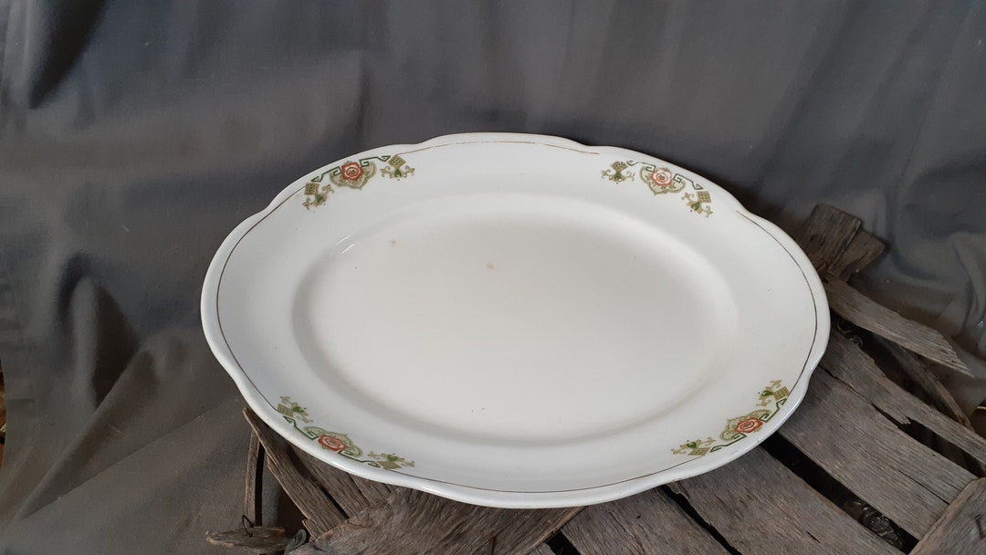 Antique Cook Pottery Co. Large Oval Platter With Green and Orange Asian ...