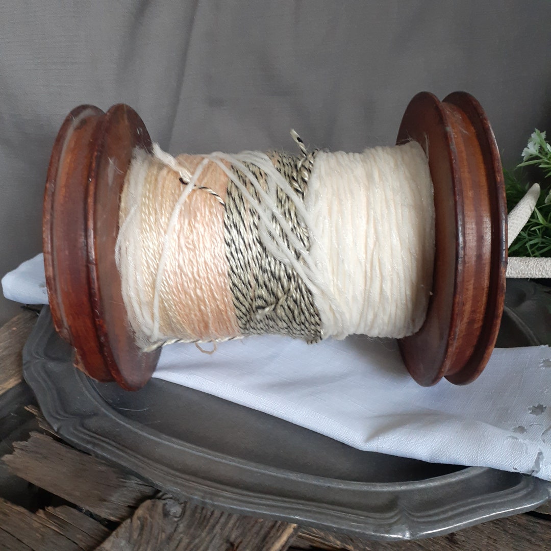 Antique Large Wooden Mill Bobbin With Yarn /twine - 3 Colors Great for ...