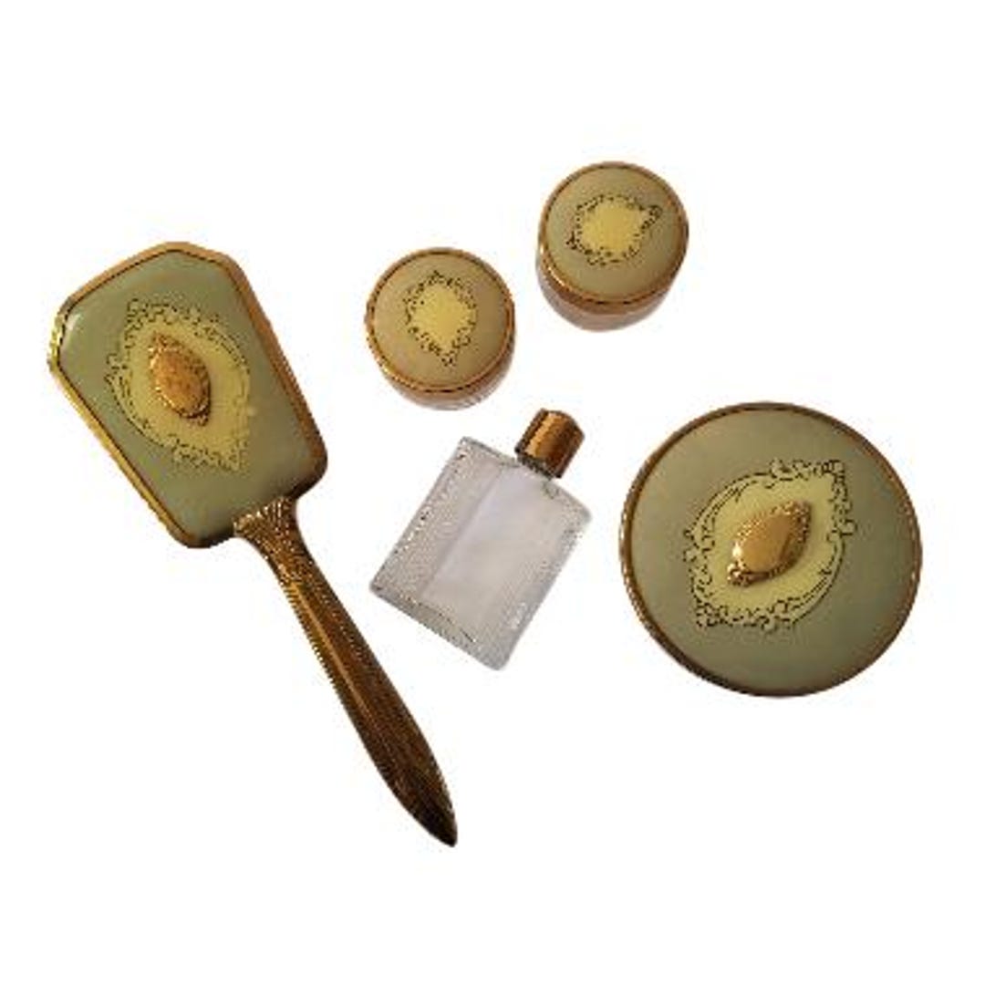 Vintage Vanity Set / Dresser Jars Mid Century Art Nouveau Style Green ...