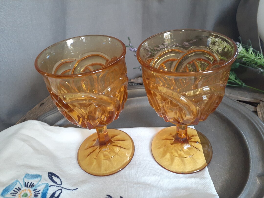 Vintage Amber Water Goblets: LG Wright Double Ring Stemware, Set of 2 ...