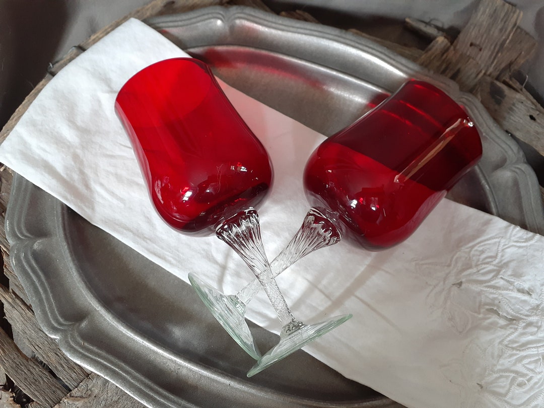 Colony Glass Saturn Water Goblets Set of 2 Ruby Red Bowl Clear Twist ...