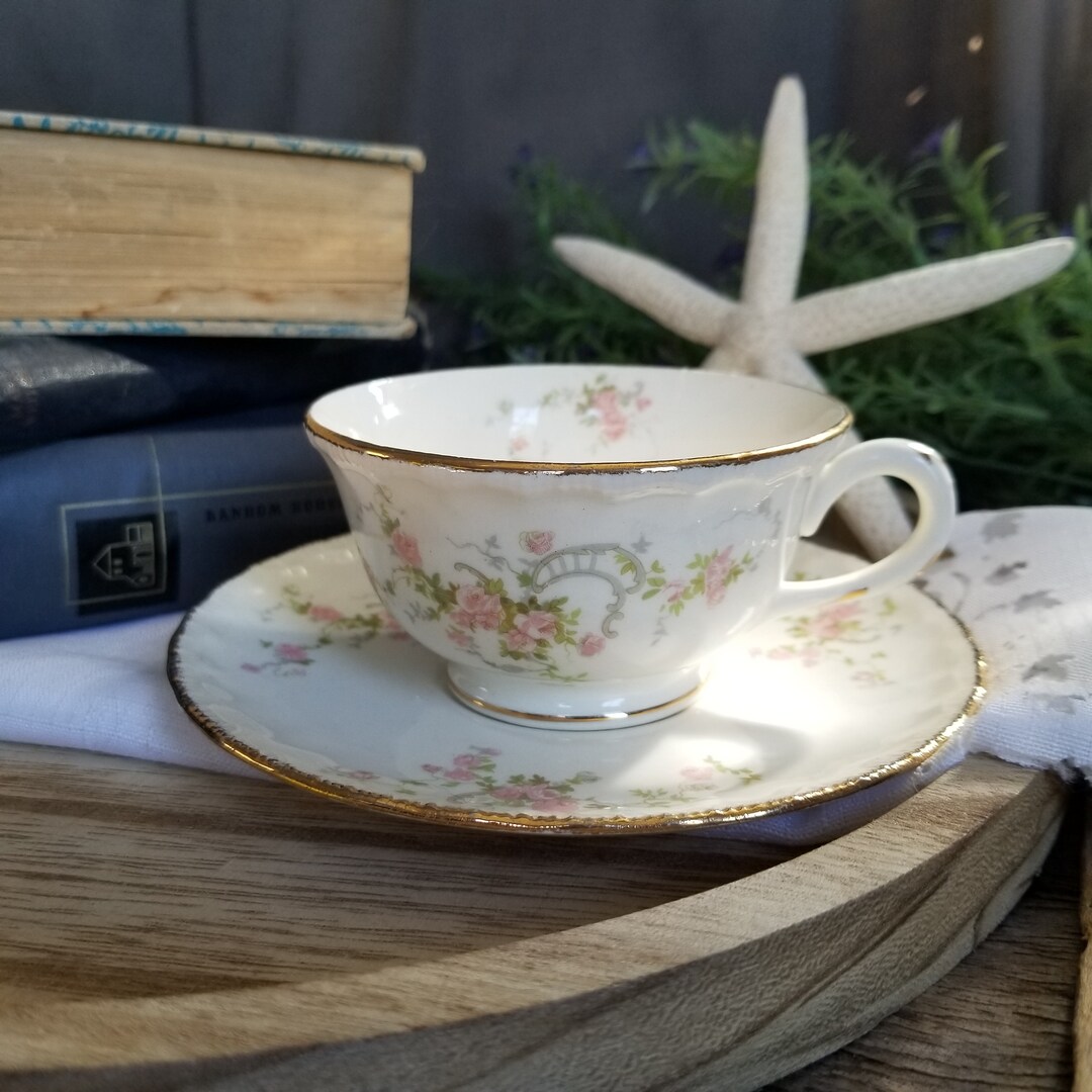 Pope Gosser Jean Teacup and Saucer Set - Pink Floral on Ivory & 22k ...