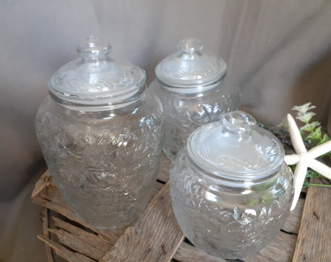 Princess House Fantasia Canisters - Clear Glass Floral Storage ...