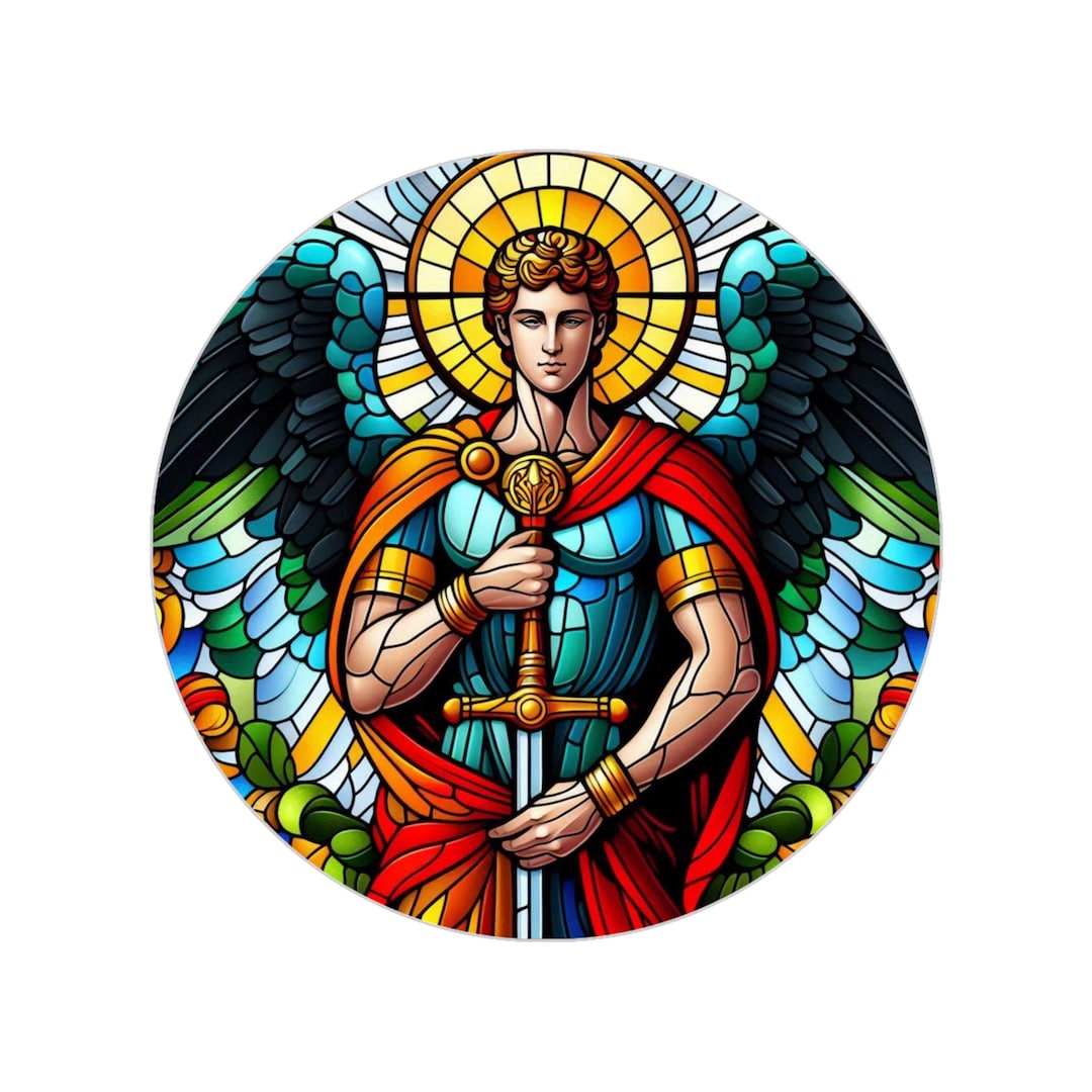 St Michael the Archangel Stained Glass Look Round Sticker, Angelic ...